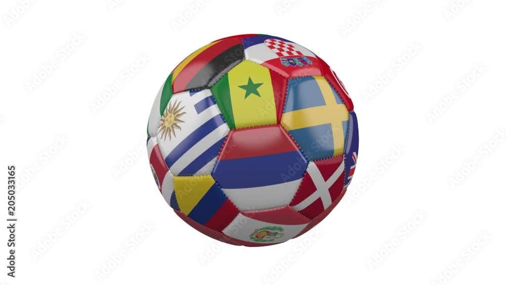 Rotating soccer ball with flags of the countries of the world on a ...
