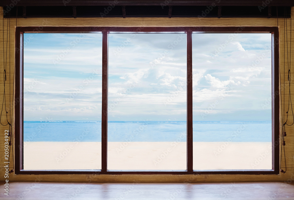 Opened window seeing tropical beach view in summer holiday at weekend ...