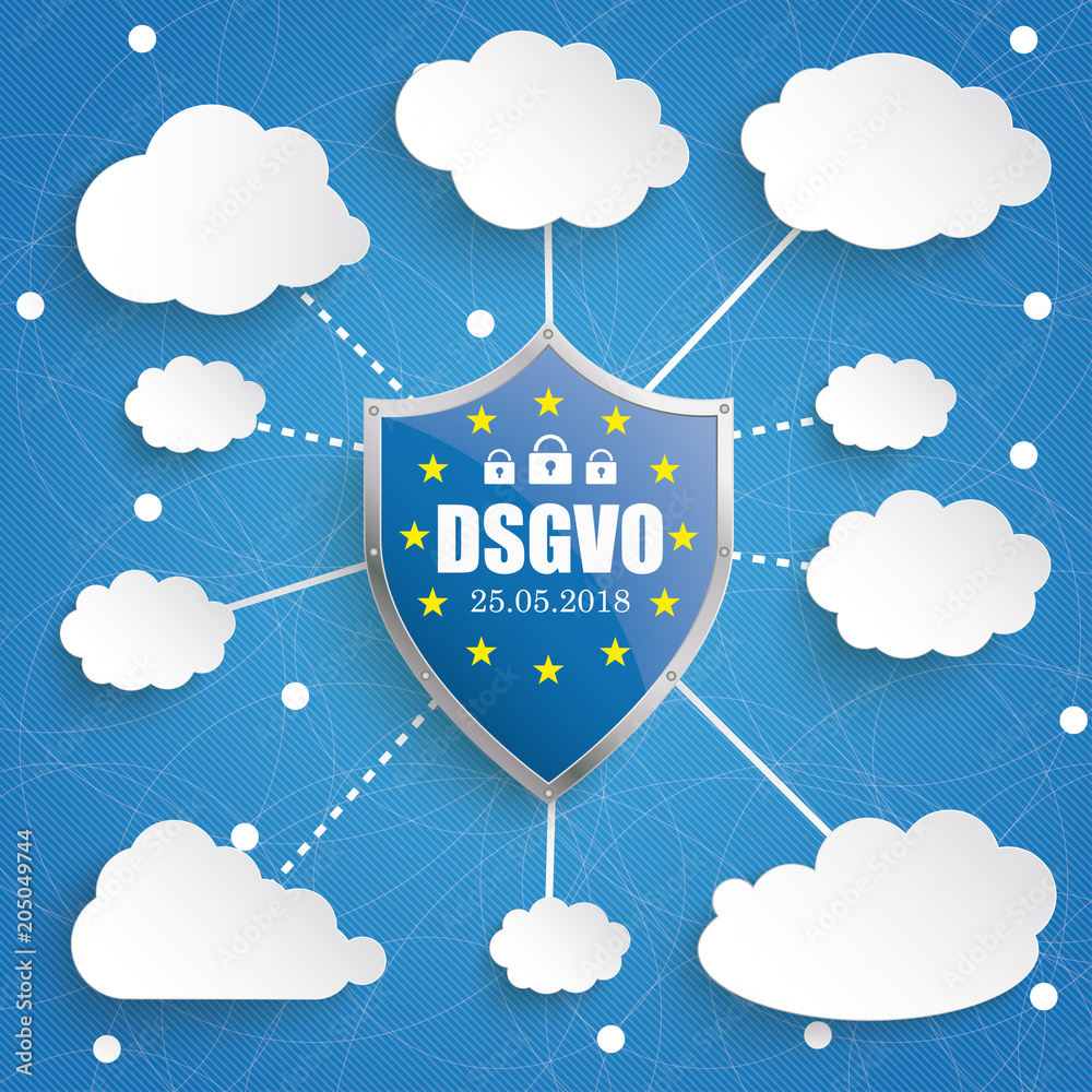 DSGVO Infografik mit Schutzschild und Wolken auf einem blauen ...