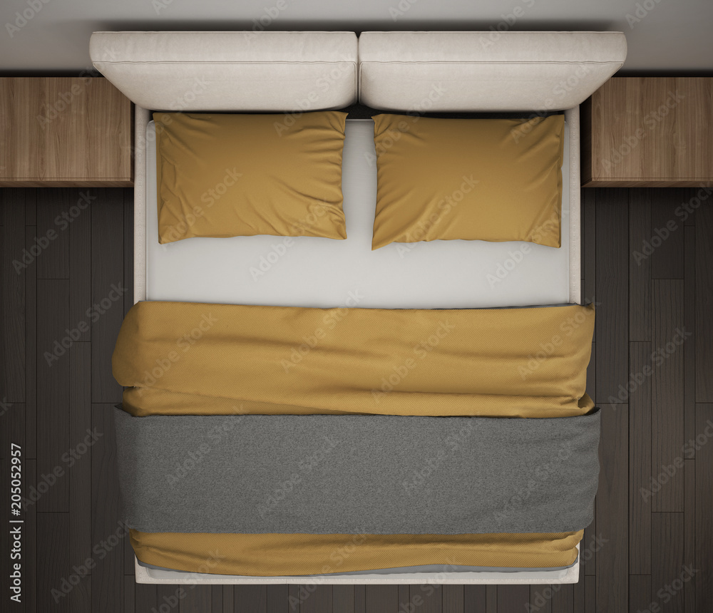 Modern bedroom, top view, closeup on double gray and yellow bed ...