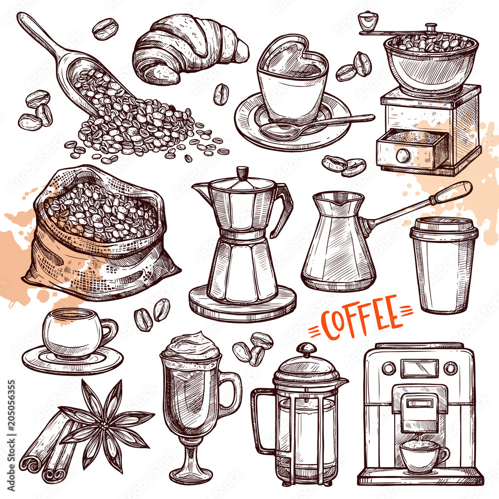 Coffee Hand Drawn Collection. Vector Sketch Illustration Set With Turk ...