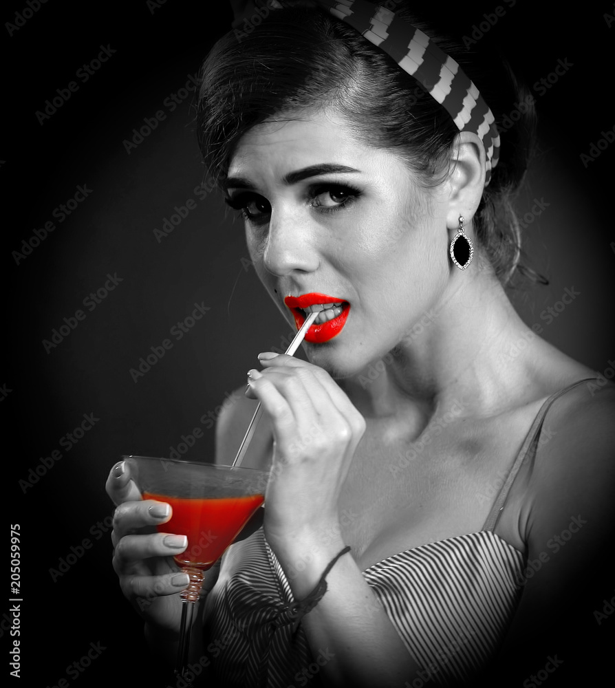 Pin up girl drink bloody Mary cocktail. Pin-up retro female style. Girl ...