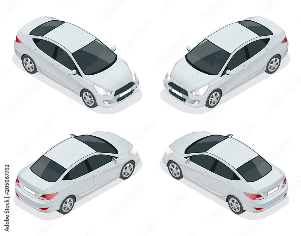 Isometric set of Sedan Cars. Compact Hybrid Vehicle. Eco-friendly hi ...