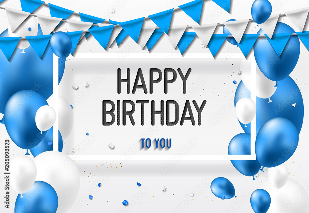 Happy Birthday Greeting Card with blue white balloons and happy ...