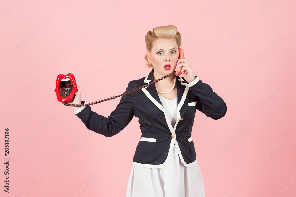 Blonde Curls Girl In Vintage Style Calling With Cord Lips Phone Pin Up
