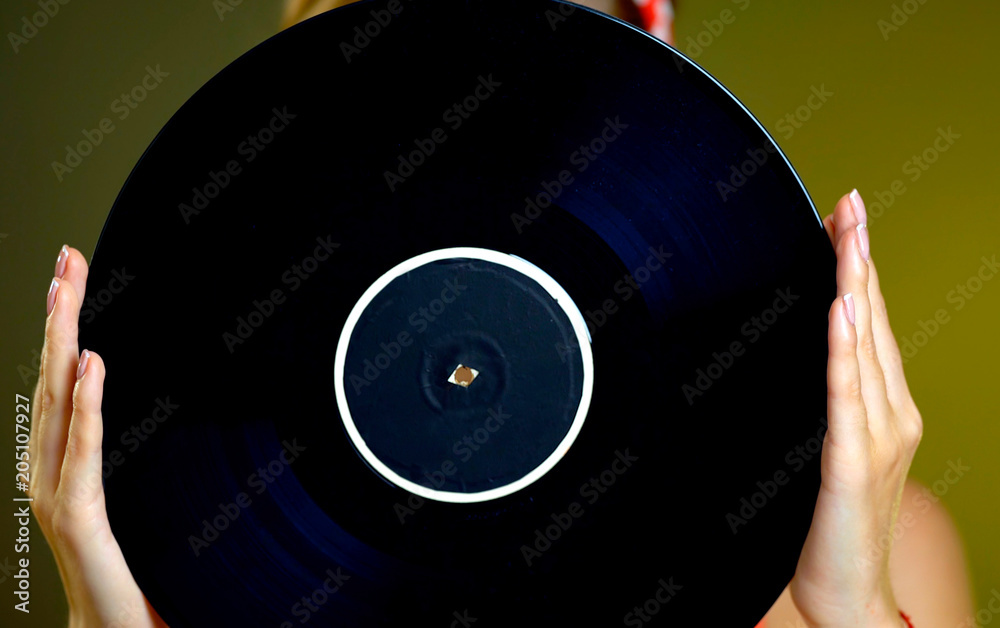 Retro woman with music vinyl record. Pin-up retro female style. Pin-up ...