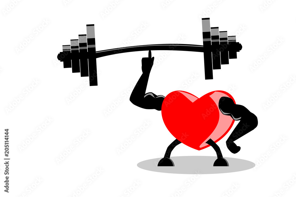Healthy red heart showing muscles and strength by lifting heavy barbell ...