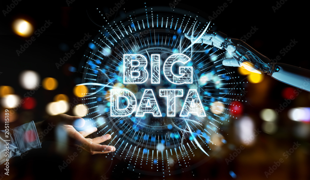 White humanoid hand using Big Data digital hologram 3D rendering 스톡 사진 ...