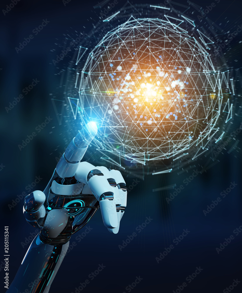 White robot hand using digital triangle exploding sphere hologram 3D rendering Stock Photo ...
