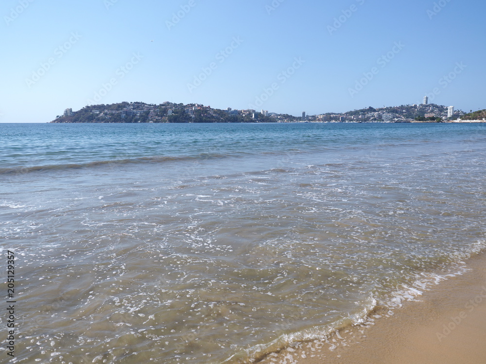 Seaside colorful mexican landscape of sandy beach at bay of ACAPULCO ...