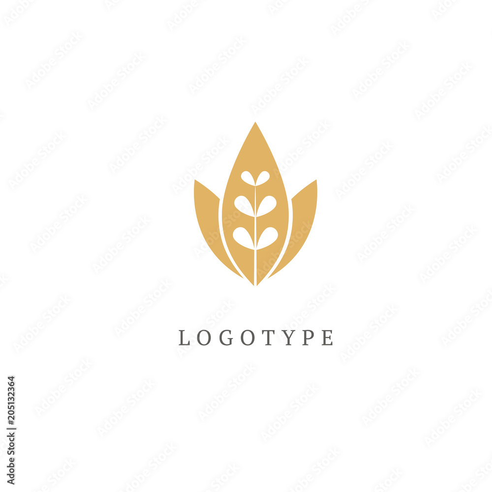 Vector leaf, golden shape and monochromatic one. Abstract emblem ...