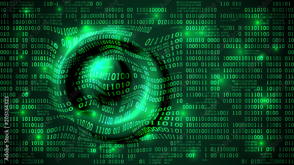 Abstract futuristic cyberspace with binary code and circular waves on the surface, matrix ...