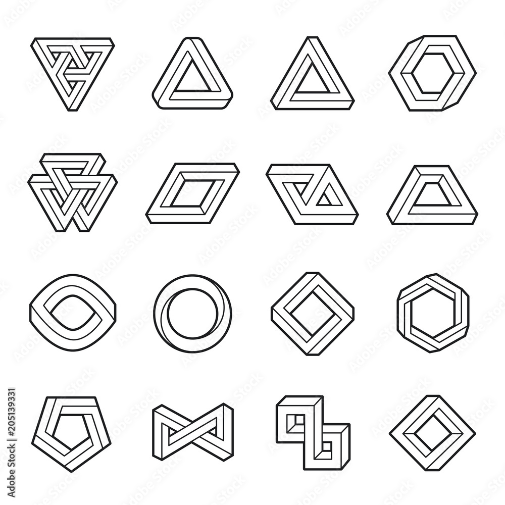 Set of impossible shapes. Web design elements. Optical Illusion. Line ...