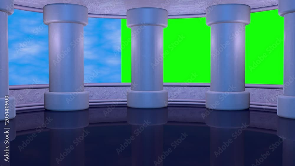 Virtual studio set with tall columns and clouds in background.Soft ...