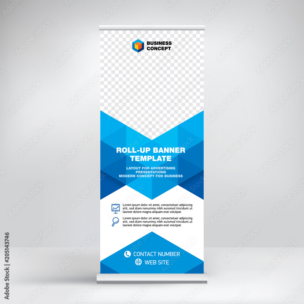 Roll-up banner template, advertising stand design. Layout for seminars ...