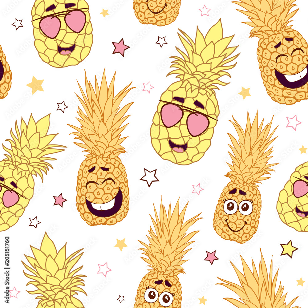 Fun pineapple faces seamless repeat pattern. Great for tropical summer ...