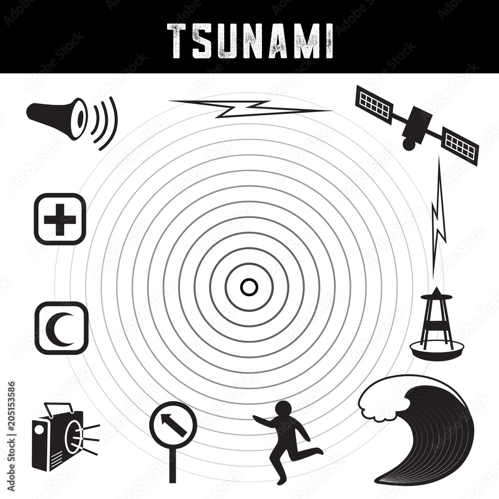 Tsunami icons and symbols: earthquake epicenter, satellite ...