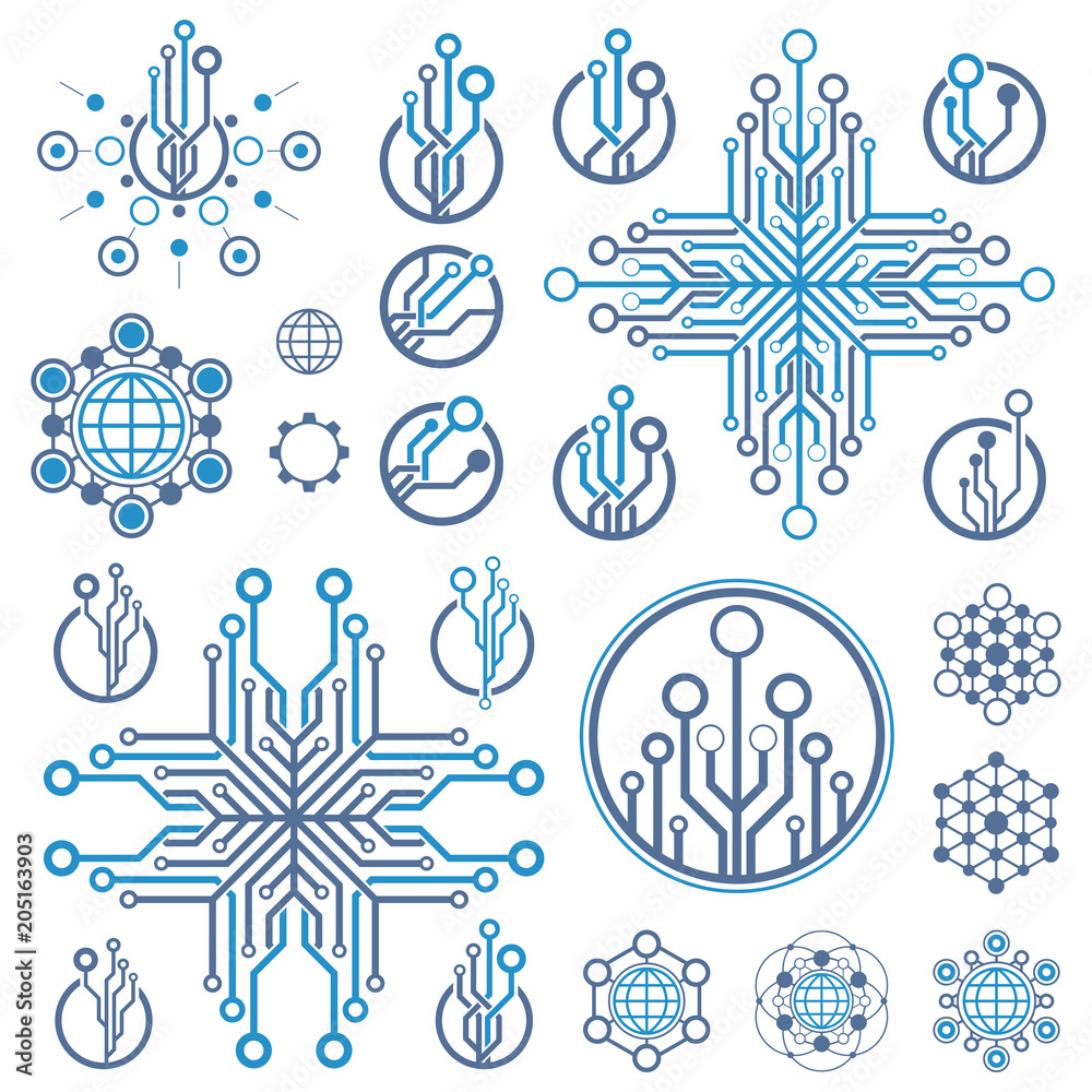 Set of abstract electronic circuit logo template. Technology symbol ...