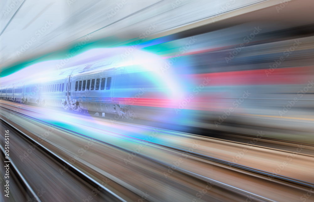 White high speed train runs on rail tracks . Train in motion. Stock ...
