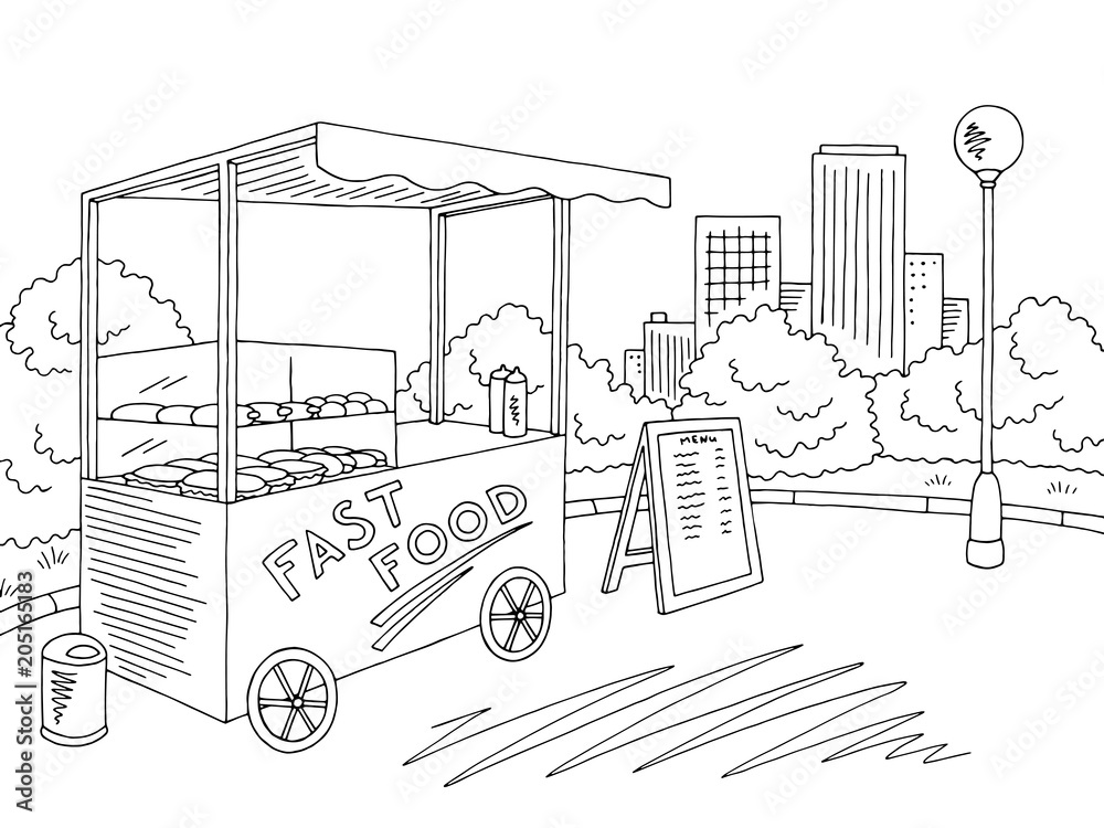 Street food graphic black white city landscape sketch illustration ...