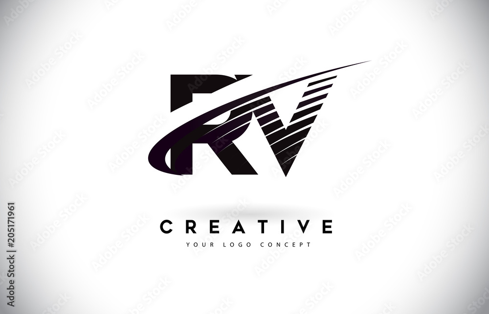 RV R V Letter Logo Design with Swoosh and Black Lines. Stock Vector ...