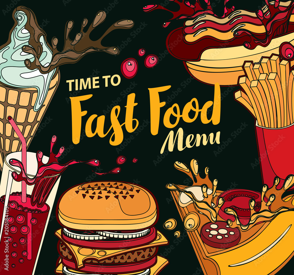 Vector cover of fast food menu with ice cream, cola, Burger, pizza ...