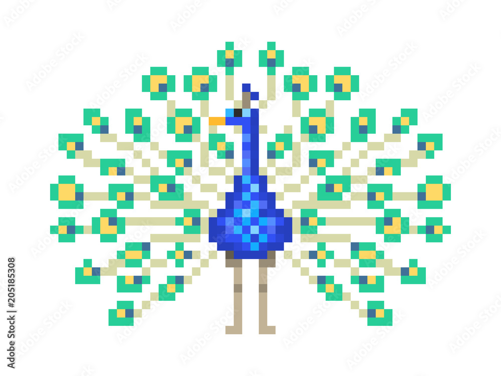 Peacock displaying beautiful feathery tail, pixel art icon isolated on ...