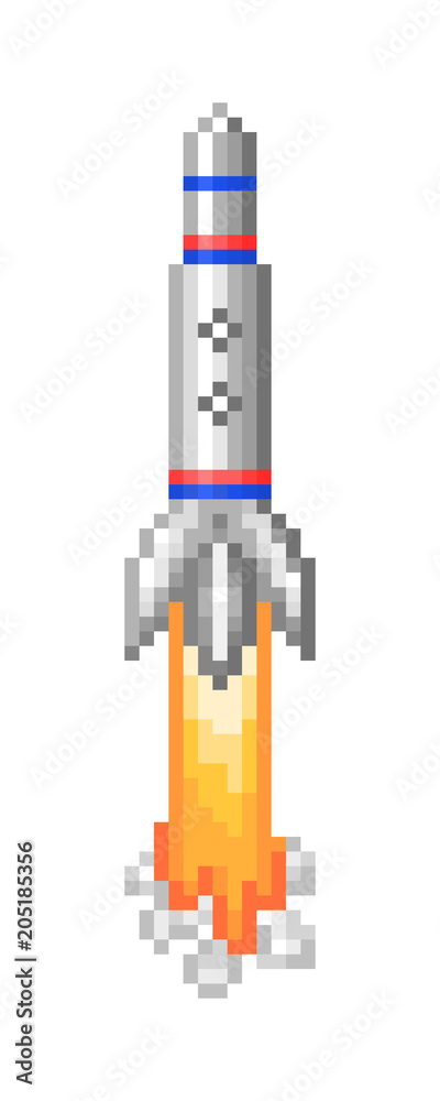 Launching rocket on a mission, pixel art icon isolated on white ...