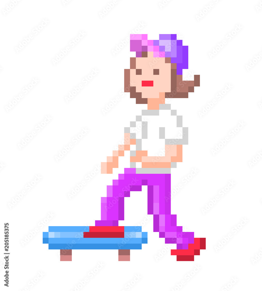 Fit teenage girl riding skateboard, pixel art character isolated on ...