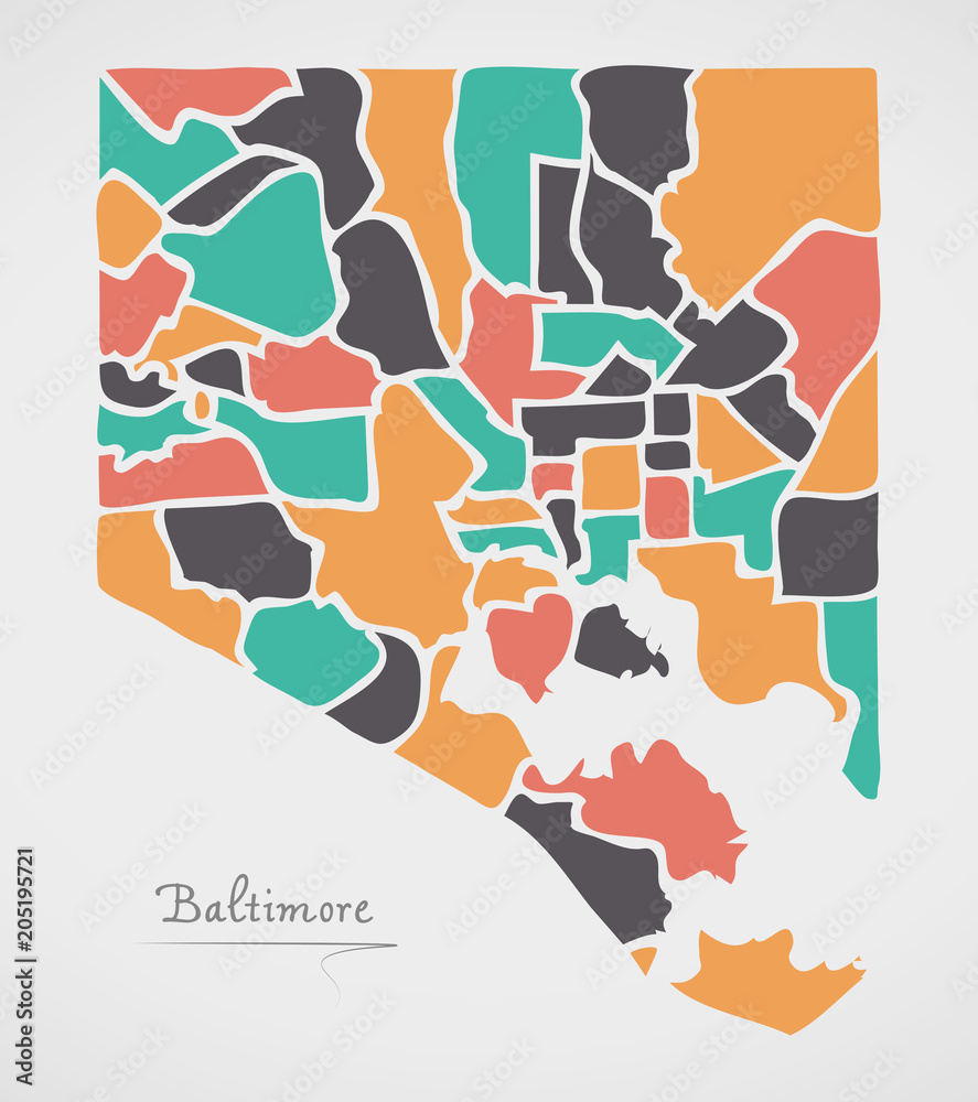 Baltimore Maryland Map with neighborhoods and modern round shapes Stock ...