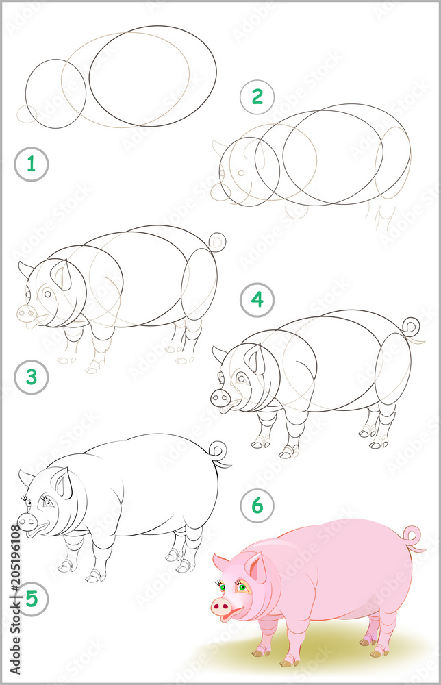Page shows how to learn step by step to draw a cute pig. Developing ...