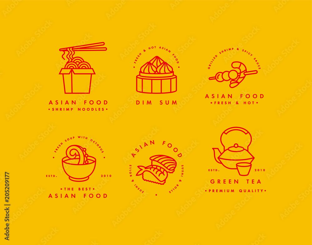 Vector set of logo design templates and emblems or badges. Asian food ...