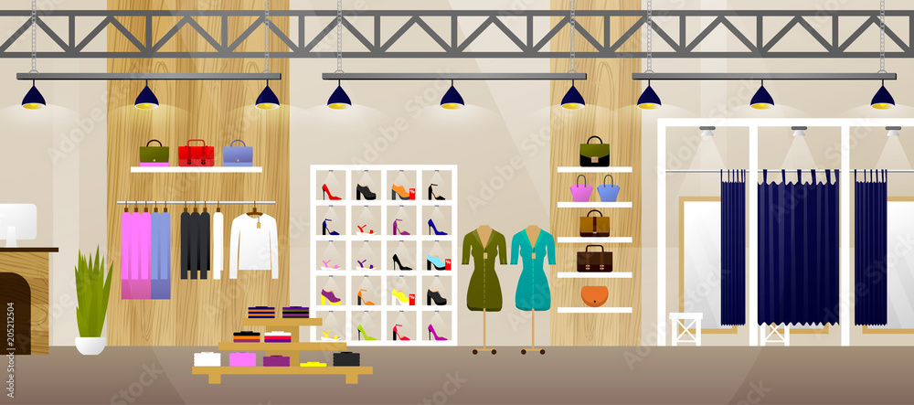 Fashion Shop Interior Clothes Store Banner With Copy Space Flat Vector ...