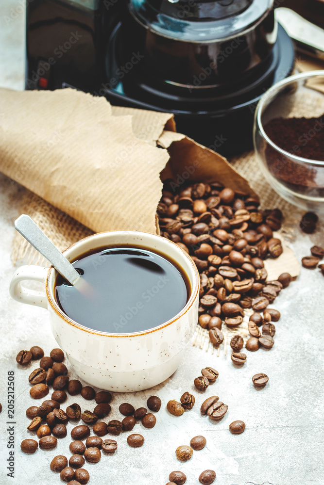 Variety things for prepare coffee. Roasted beans, ground coffee, scoop ...