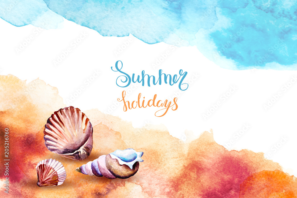 Watercolor illustration of a sea shells on a beach. Stock Illustration ...