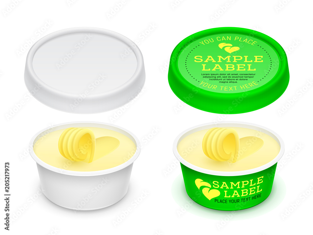 Vector labeled plastic round container with butter within. Packaging ...