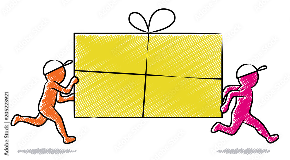 Schnelle Lieferung: Bunte Strichmännchen bringen großes gelbes Paket ...
