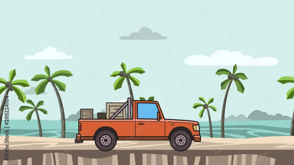 Animated red pickup truck with boxes in the trunk riding on the beach ...