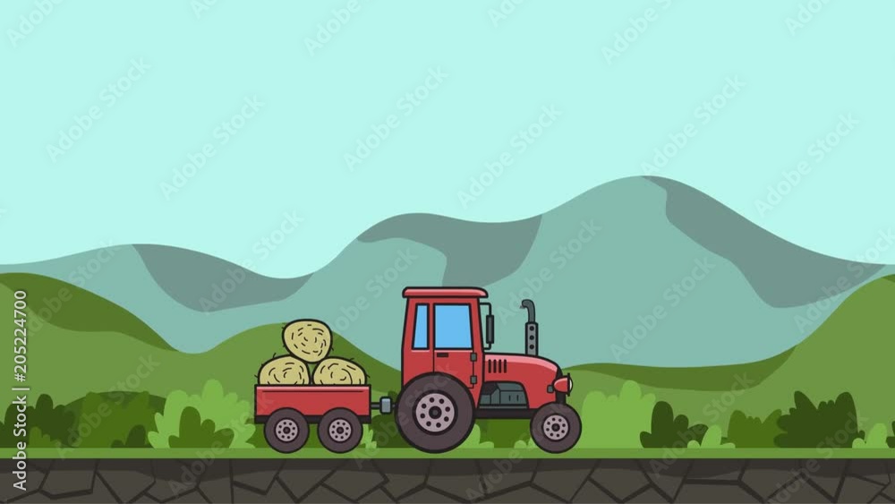 Animated tractor with trolley full of hay riding through green valley ...