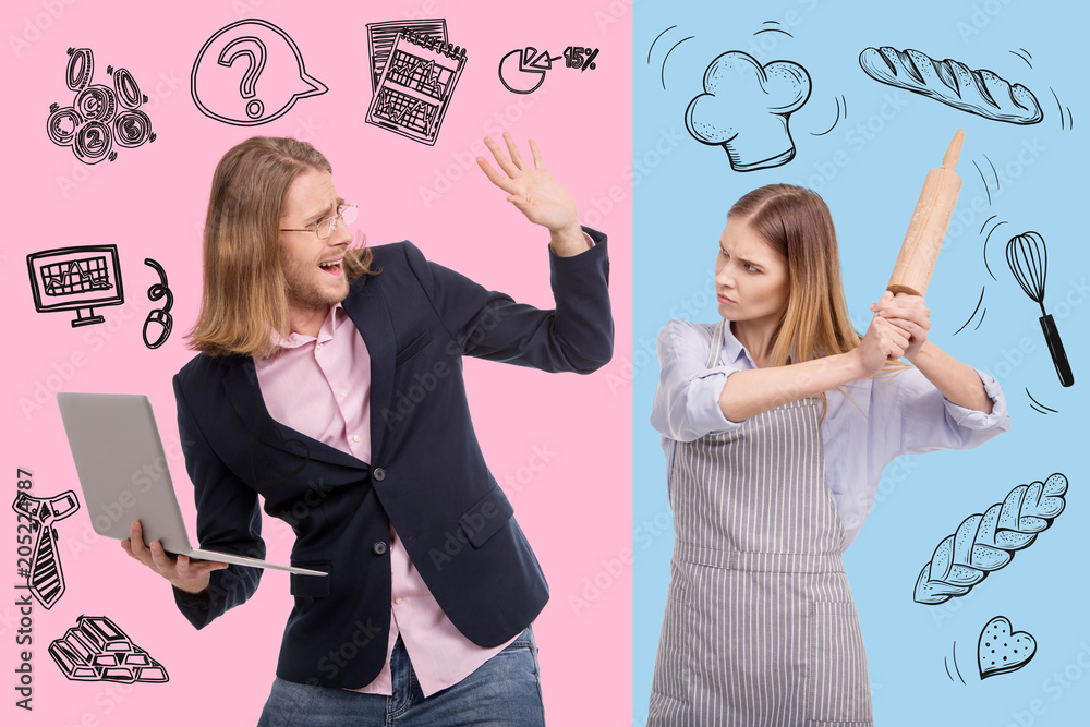 Help me. Emotional scared man holding a laptop and begging for help ...