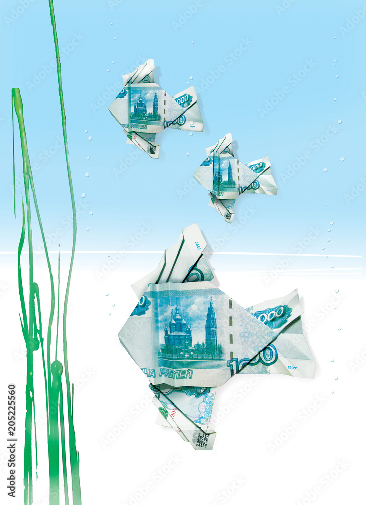 Floating in the water origami fish made from banknotes of the Bank of ...