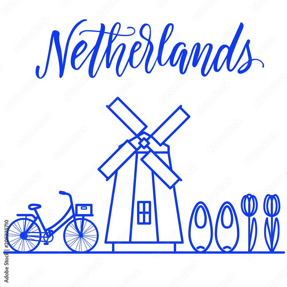 Netherlands line art illustration in delfts blue colors with windmill ...