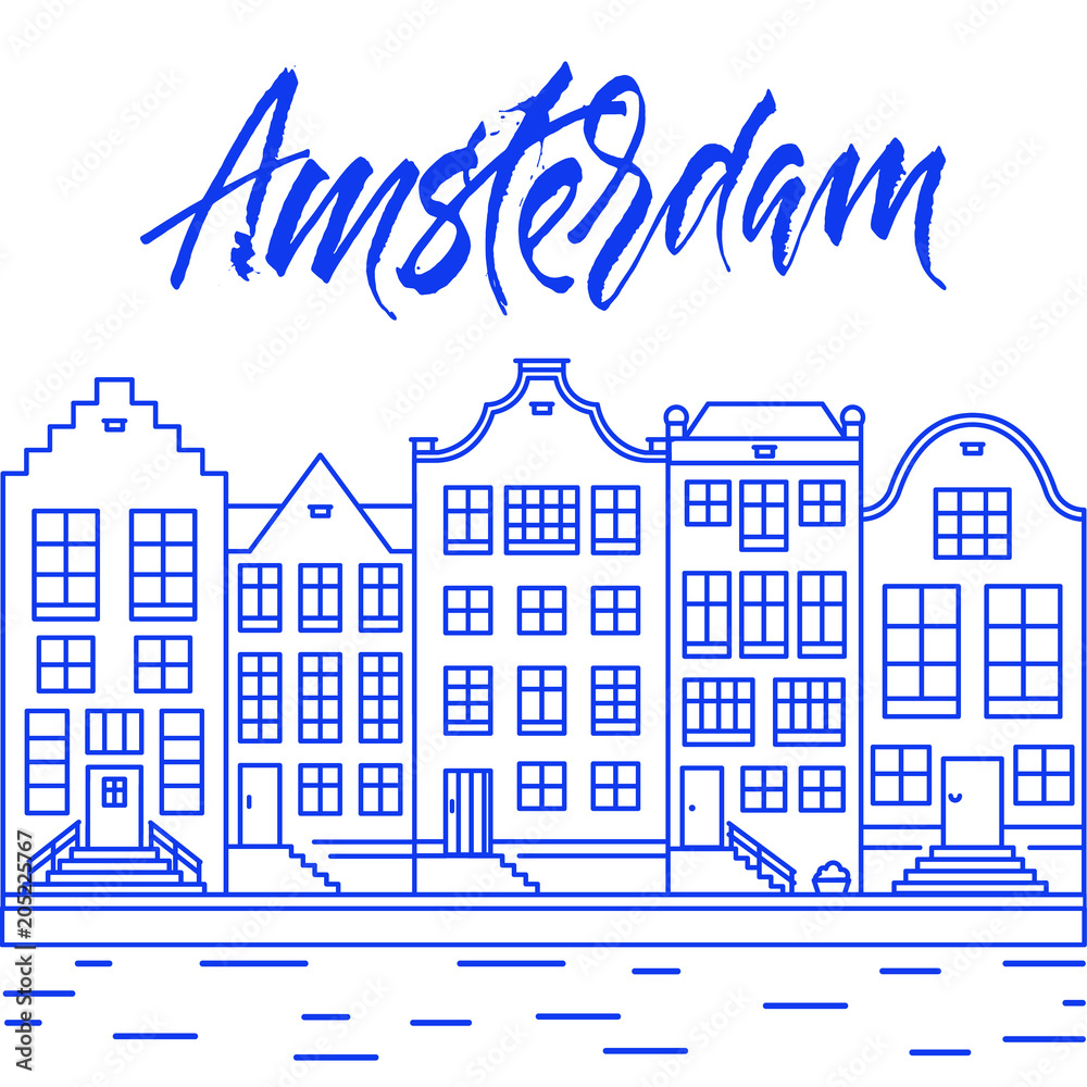 Amsterdam city line art illustration with typical holland houses and ...