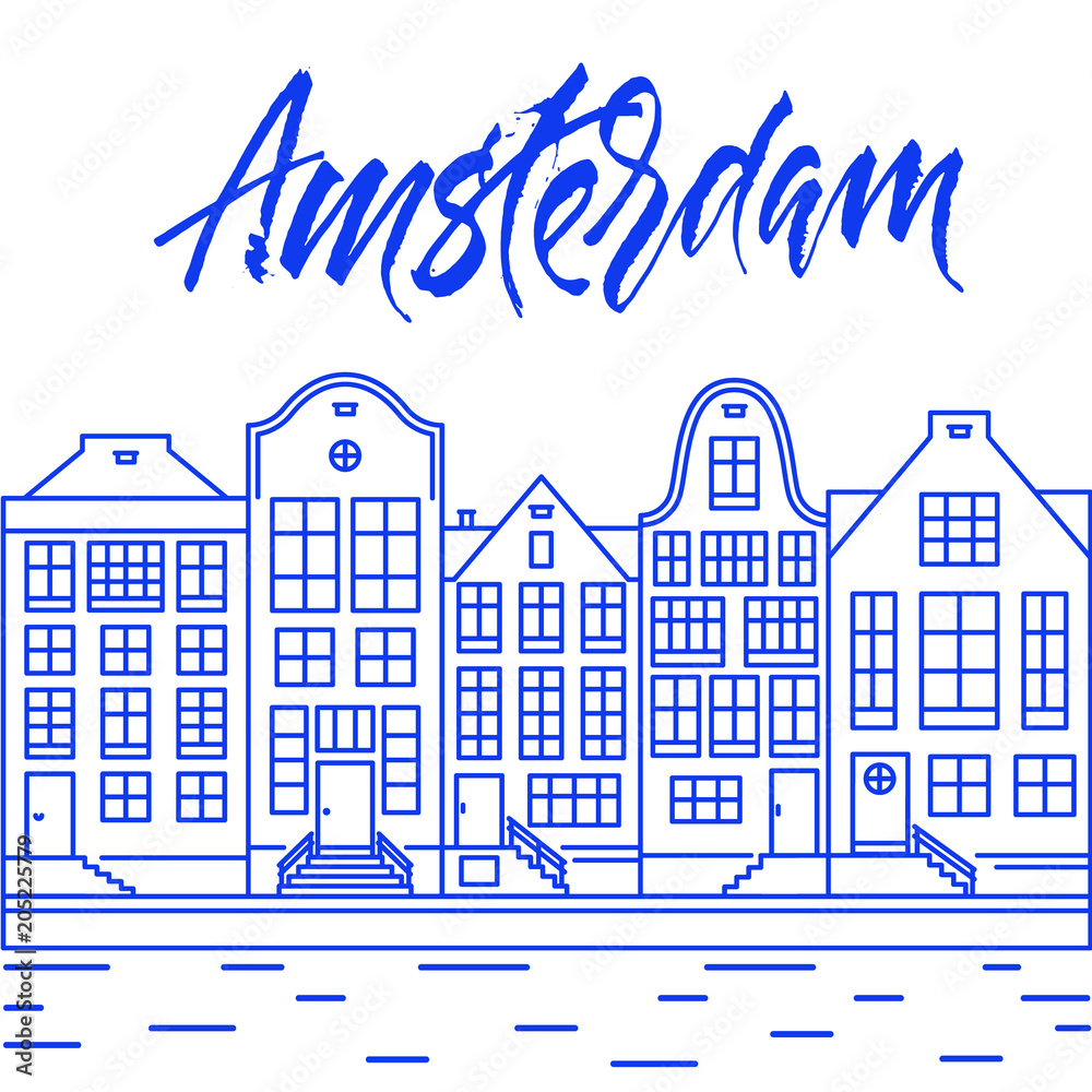 Amsterdam city line art illustration with typical holland houses and ...