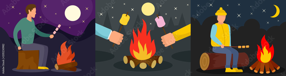 Marshmallow roasted bonfire man banner concept set. Flat illustration ...
