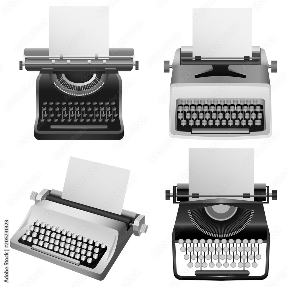 Typewriter machine keys old mockup set. Realistic illustration of 4 ...