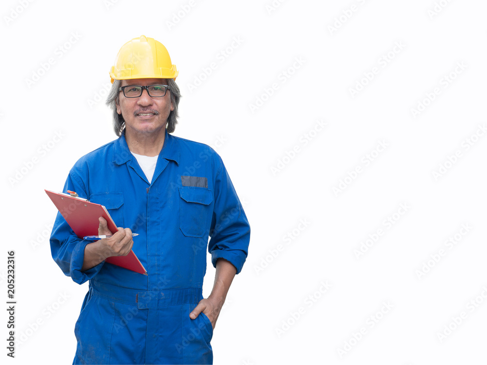 Professional engineers in blue technician uniform smiling and hold ...