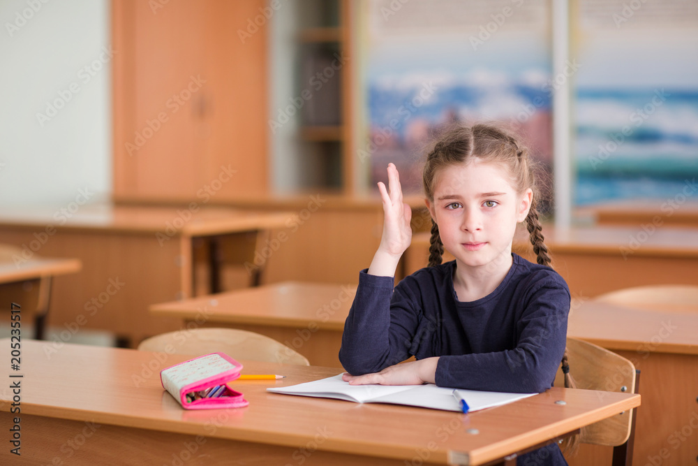 child girl sits at the Desk in the classroom, raises his hand and looks ...