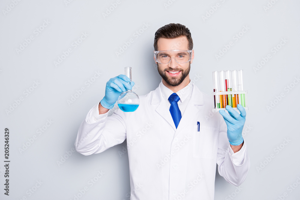 Portrait of cheerful handsome scientist with bristle in white lab coat ...