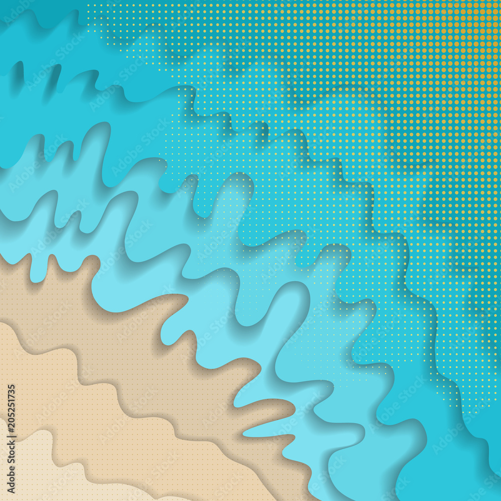 Abstract vector wavy paper cut blue water and yellow beach background ...